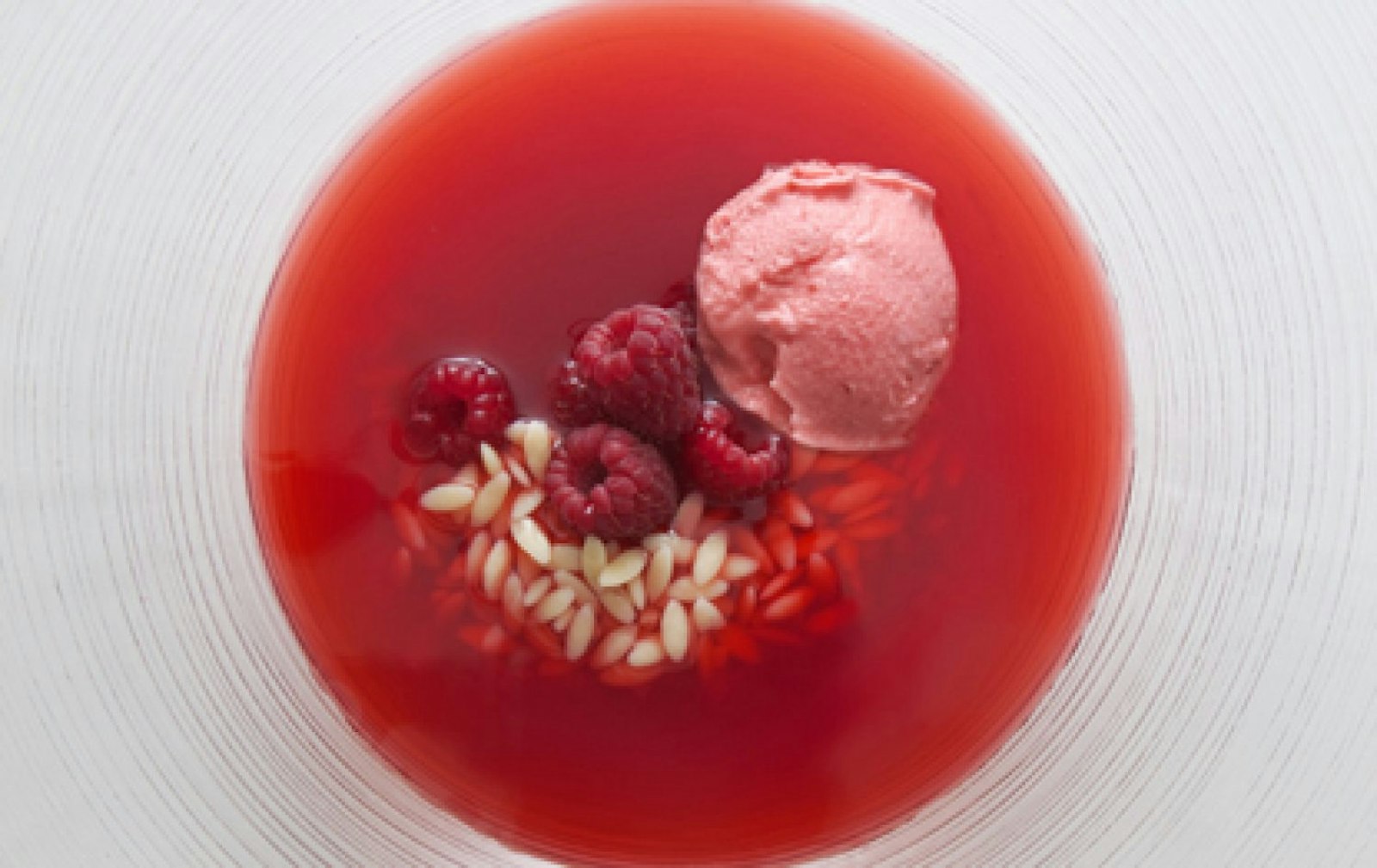 Raspberry Risoni Soup served with Raspberry Sorbet - San Remo