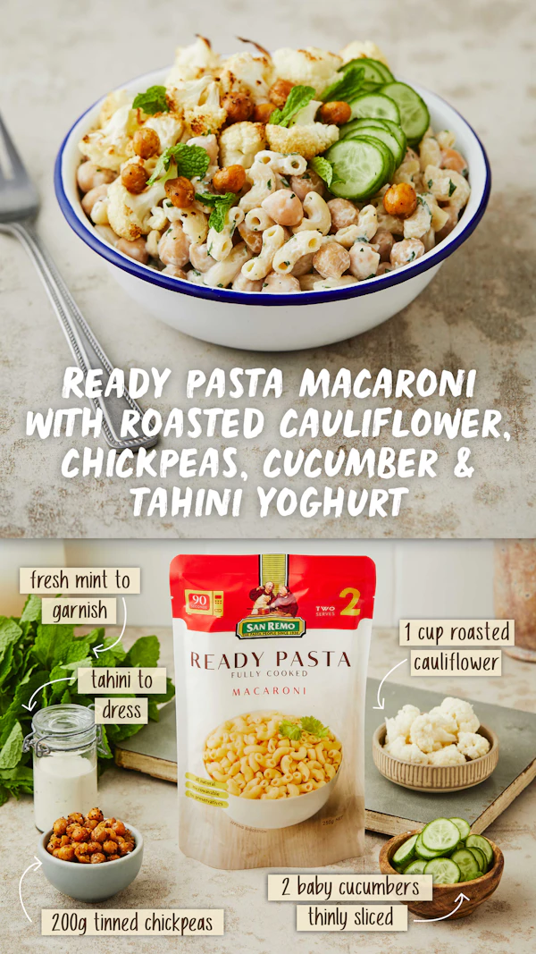 Ready Pasta Macaroni with Roasted Cauliflower, Chickpeas, Cucumber ...