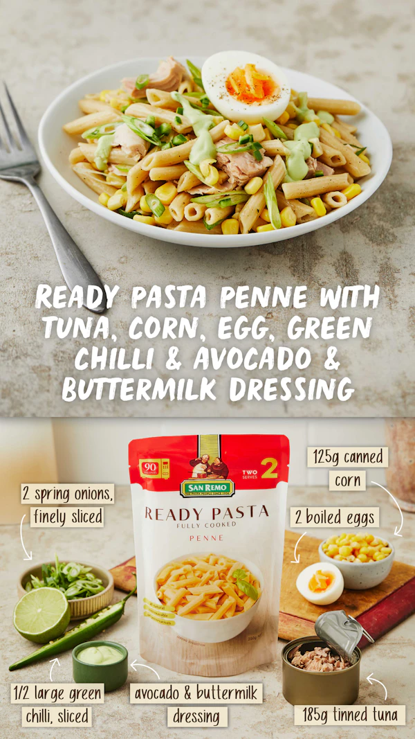 Ready Pasta Penne with Tuna, Corn, Egg, Green Chilli & Avocado ...