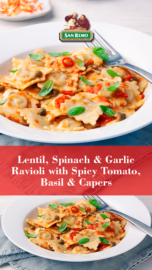 Fresh Vegan Lentil, Spinach & Garlic Ravioli with Spicy Tomato, Basil ...