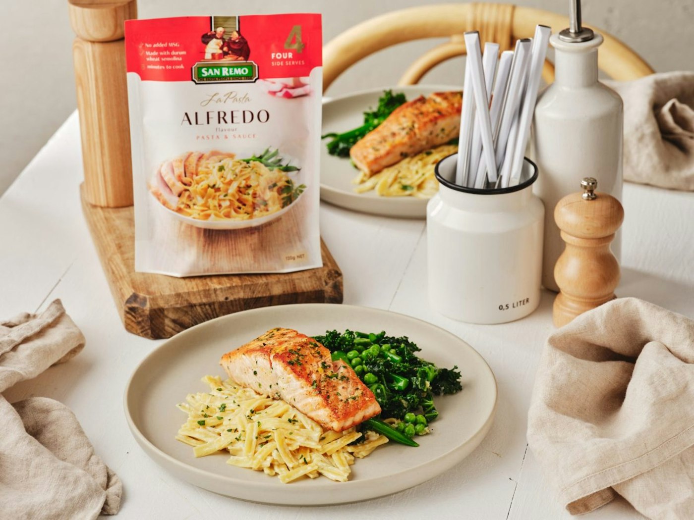 La Pasta Alfredo with Salmon and Vegetables - San Remo